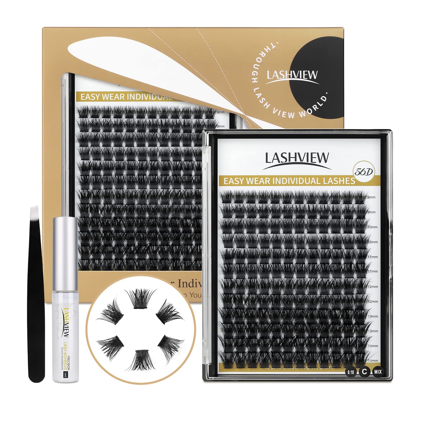 LASHVIEW DIY Lash Extension Kit,Cluster Lashes,Individual Cluster Lashes Soft and Lightweight, 0.10mm 9-14mm Mixed Reusable Wide Band Lash Cluster at Home