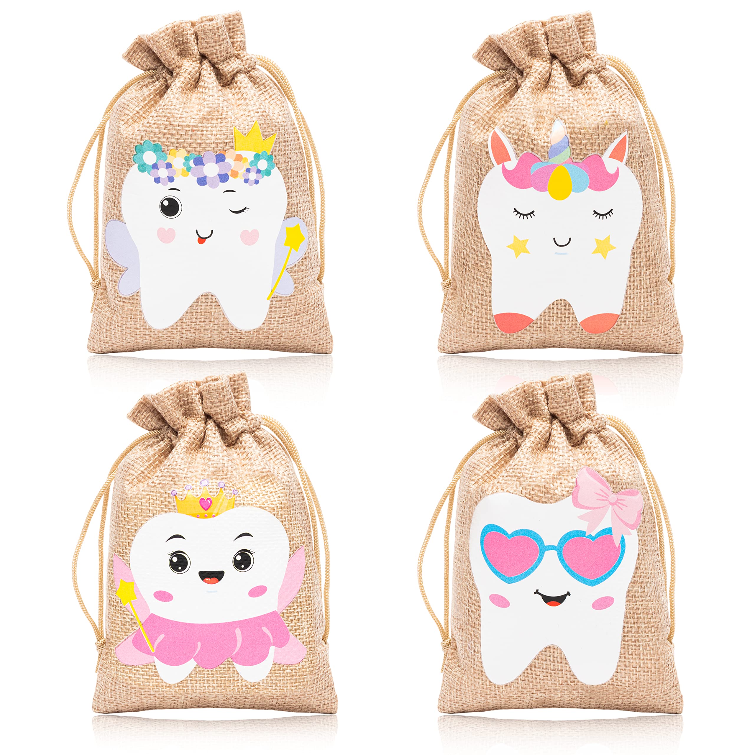 4Pcs Tooth Fairy Bag for Girls Pouch Tooth Fairy Keepsake Bag to Place Under Pillow Milk Teeth Container Box Personalized Lost Tooth Holder Baby Toddler Teeth Case for Baby Shower Birthday Gift