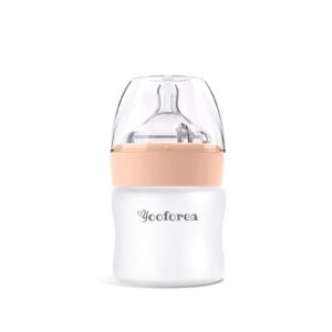 yooforea silicone coated glass baby bottle, 0m+ slow flow nipple i anti-colic, wide neck, stable base i medical-grade silicone coating for shatter protection, bpa bps pvc free (3 ounce-honey)