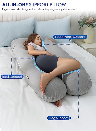 QUEEN ROSE Pregnancy Pillows, Cooling Maternity Pillow for Sleeping, 55in U Shaped Body Pillow for Pregnant Support, with Removable Silky Cover, Gray