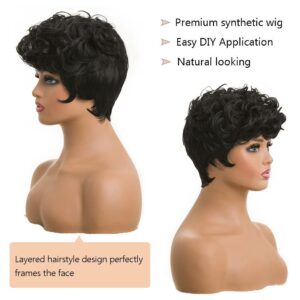 MOONSHOW Short Pixie Wigs for Black Women Short Black Curly Pixie Wigs Synthetic Hair Wigs for Black Women Natural Wavy Black Pixie Cut Wig Short Curly Layered Pixie Wig for Women(Natural Black)