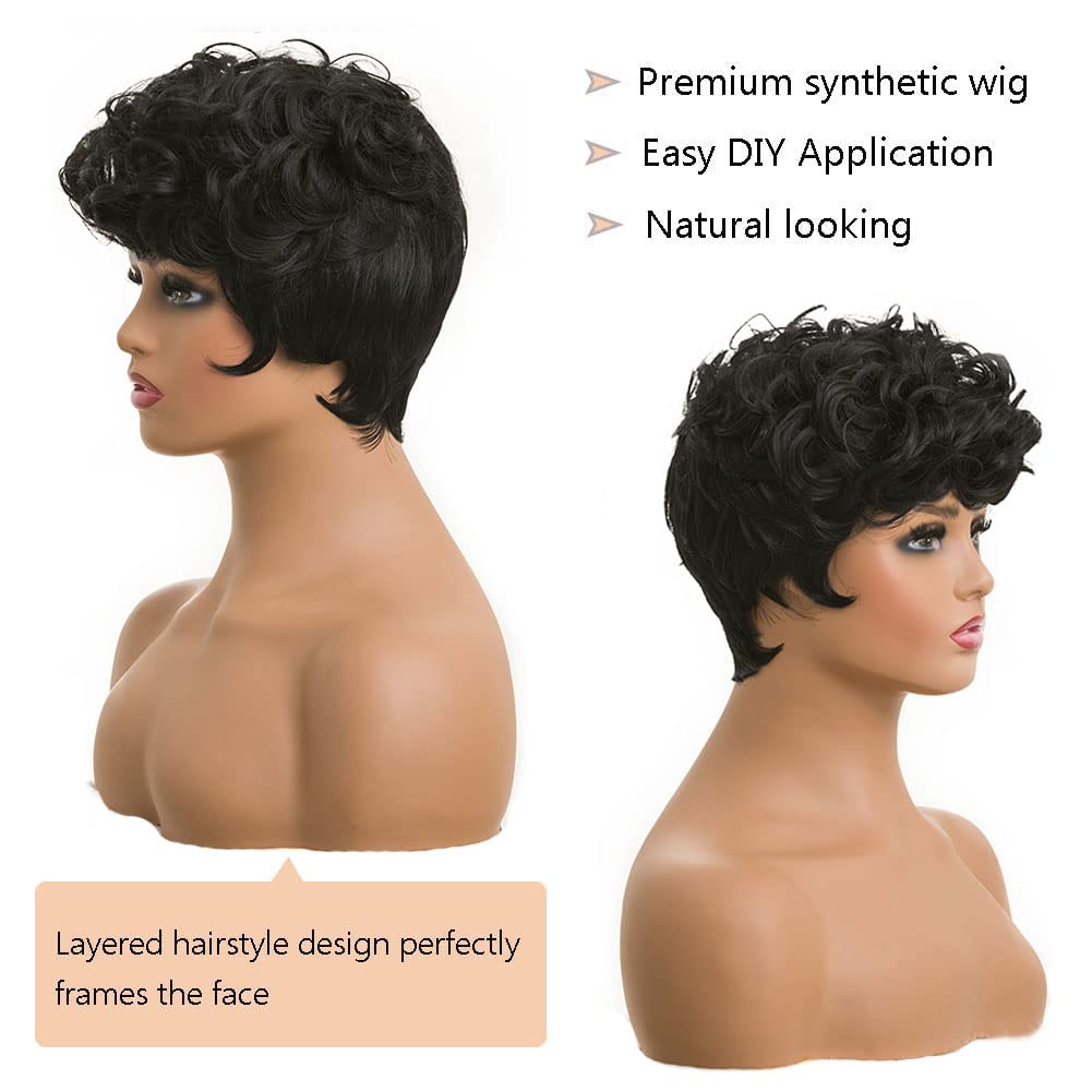 MOONSHOW Short Pixie Wigs for Black Women Short Black Curly Pixie Wigs Synthetic Hair Wigs for Black Women Natural Wavy Black Pixie Cut Wig Short Curly Layered Pixie Wig for Women(Natural Black)