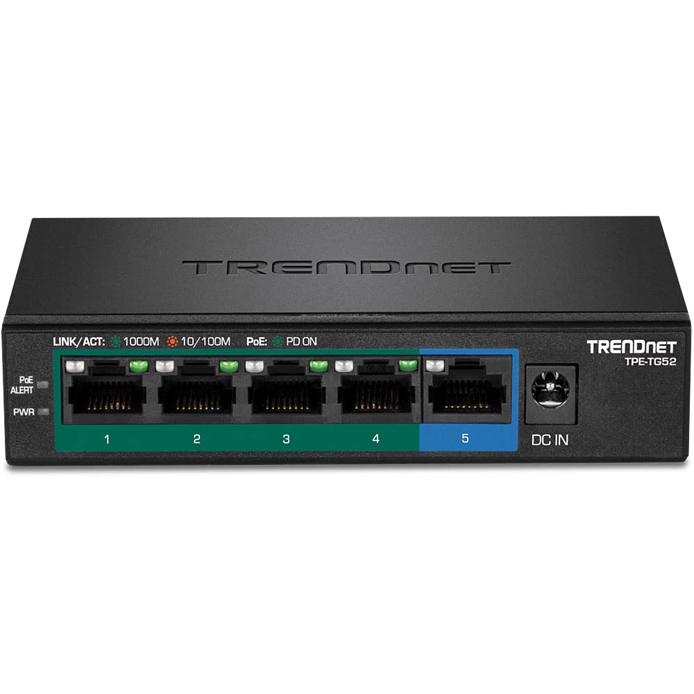 TRENDnet 5-Port Gigabit PoE+ Switch, 32W PoE Power Budget, 10Gbps Switching Capacity, IEEE 802.1p QoS, DSCP Pass-Through Support, Fanless, Wall Mountable, Lifetime Protection, Black, TPE-TG52