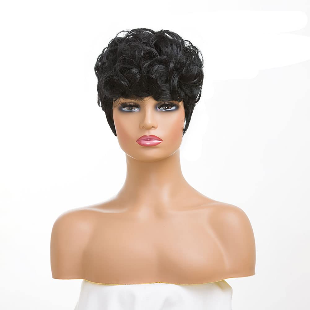 MOONSHOW Short Pixie Wigs for Black Women Short Black Curly Pixie Wigs Synthetic Hair Wigs for Black Women Natural Wavy Black Pixie Cut Wig Short Curly Layered Pixie Wig for Women(Natural Black)