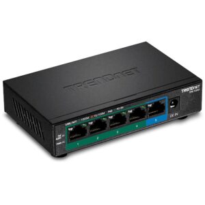 trendnet 5-port gigabit poe+ switch, 32w poe power budget, 10gbps switching capacity, ieee 802.1p qos, dscp pass-through support, fanless, wall mountable, lifetime protection, black, tpe-tg52