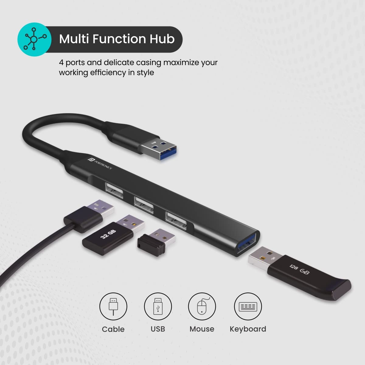 Portronics Mport 31 4 Ports USB Hub (USB A to 4 USB-A Ports 4 in 1 Connector USB Hub (Grey)