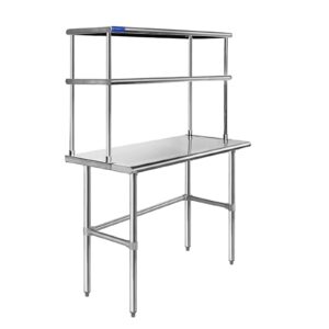 amgood stainless steel open base table with 18" wide double tier overshelf | metal kitchen prep table & shelving combo (24" x 48" open base table + 18" overshelf)