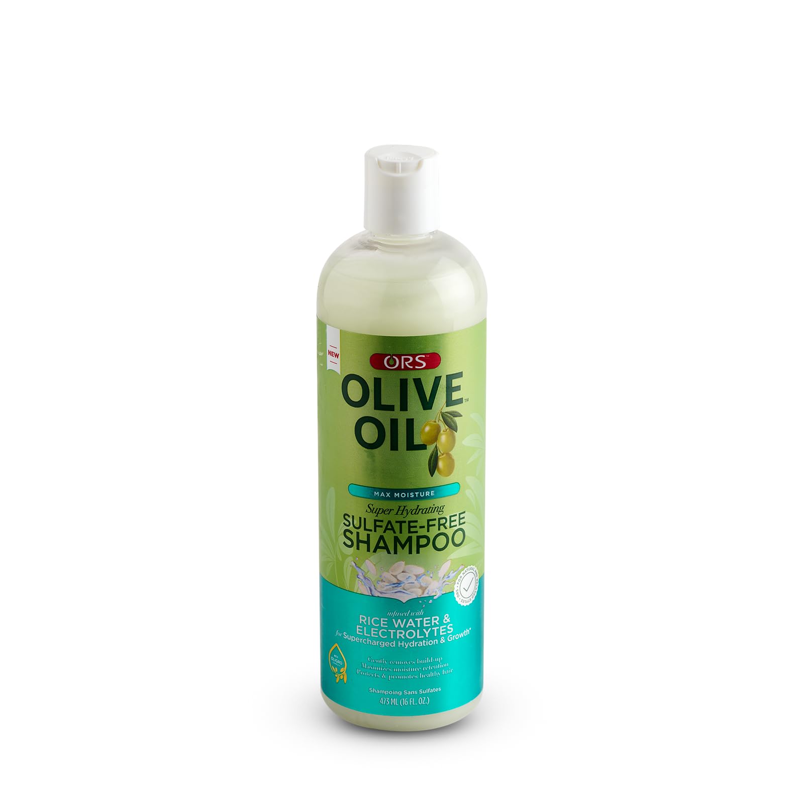 ORS Olive Oil Max Moisture Super Hydrating Sulfate-Free Shampoo, Infused with Rice water and Electrolytes for Supercharged Hydration & Growth 16.0 Ounce (1)