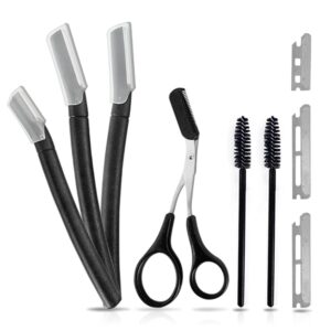 adurora eyebrow razor eyebrow kit, 6 in 1 eyebrow grooming set, eyebrow trimmers set brow razors trimmer 3 pack, 1 eyebrow scissor, 2 eyebrow brush and 3 razor blade refills, black, e3-6pcs-black