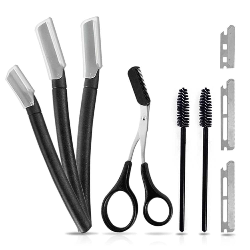 Adurora Eyebrow Razor Eyebrow Kit, 6 in 1 Eyebrow Grooming Set, Eyebrow Trimmers Set Brow Razors Trimmer 3 Pack, 1 Eyebrow Scissor, 2 Eyebrow Brush and 3 Razor Blade Refills, Black, E3-6pcs-black