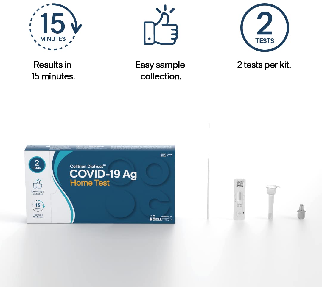 Celltrion DiaTrust COVID-19 Ag Rapid Test, 1 Pack, 2 Tests Total, FDA EUA Authorized Multiple Target OTC Test, Result in 15 Minutes Without Sending to a Lab