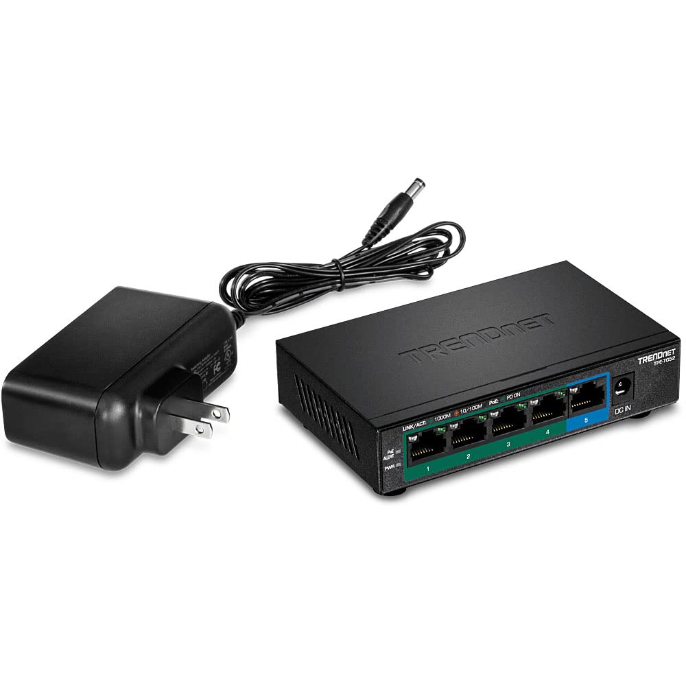 TRENDnet 5-Port Gigabit PoE+ Switch, 32W PoE Power Budget, 10Gbps Switching Capacity, IEEE 802.1p QoS, DSCP Pass-Through Support, Fanless, Wall Mountable, Lifetime Protection, Black, TPE-TG52