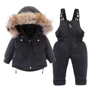 12 M -4 Years Toddler Kids Girls Boys Two Piece Snowsuit Ski Pants Set Winter Hooded Down Coat Jumpsuit Skiing Jacket (Black, 2-3 Years)