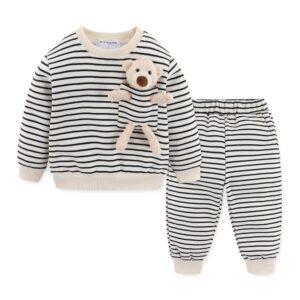 mud kingdom toddler boys jogger sets fleece lined funny cartoon bear stripe beige 4t