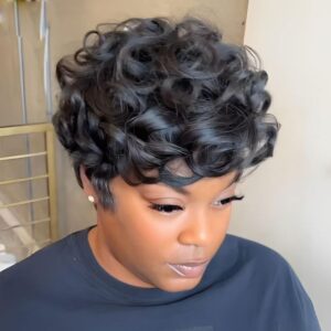 MOONSHOW Short Pixie Wigs for Black Women Short Black Curly Pixie Wigs Synthetic Hair Wigs for Black Women Natural Wavy Black Pixie Cut Wig Short Curly Layered Pixie Wig for Women(Natural Black)