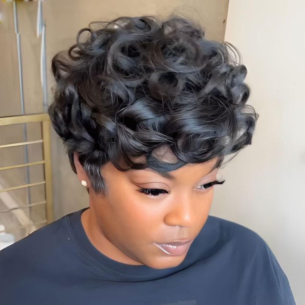 MOONSHOW Short Pixie Wigs for Black Women Short Black Curly Pixie Wigs Synthetic Hair Wigs for Black Women Natural Wavy Black Pixie Cut Wig Short Curly Layered Pixie Wig for Women(Natural Black)