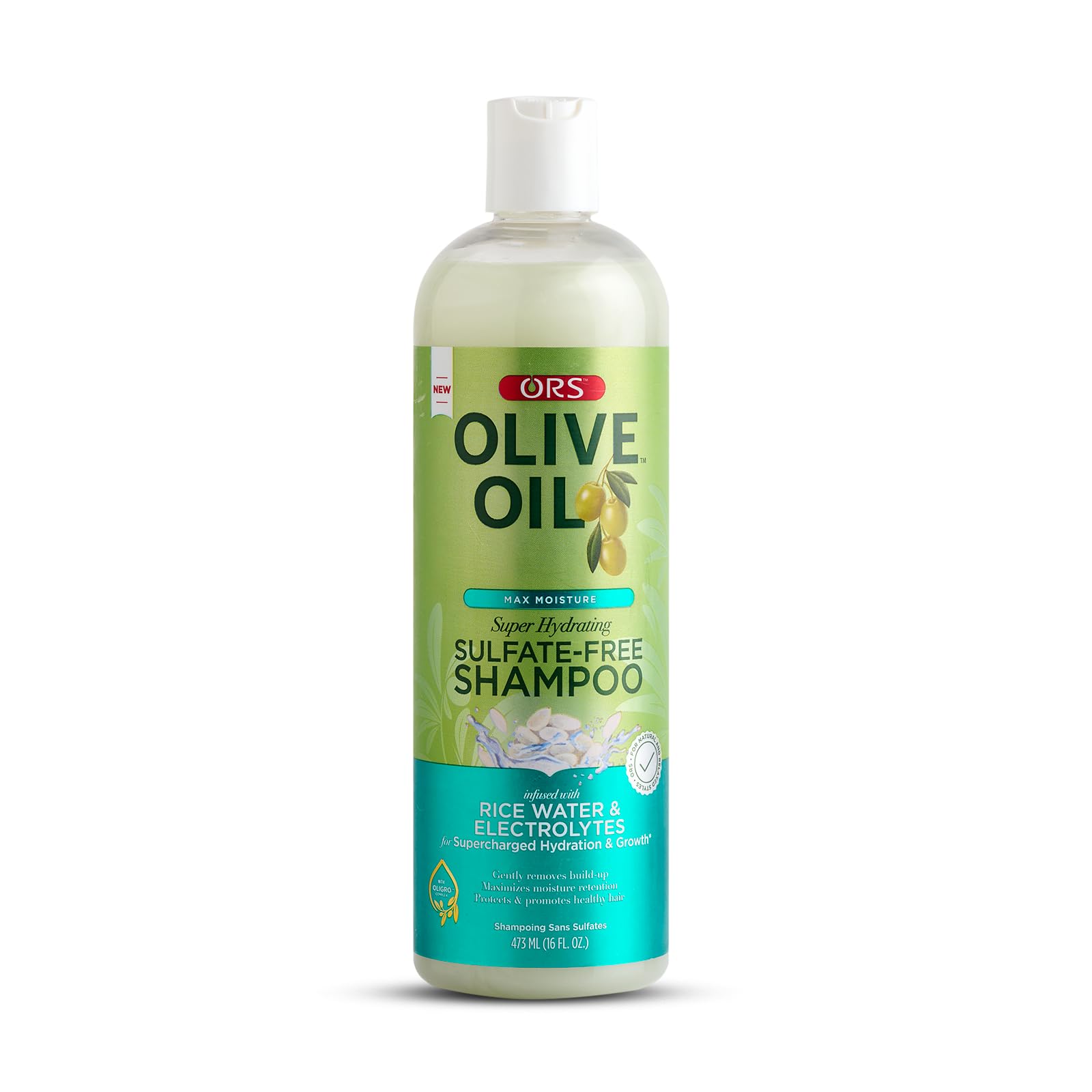 ORS Olive Oil Max Moisture Super Hydrating Sulfate-Free Shampoo, Infused with Rice water and Electrolytes for Supercharged Hydration & Growth 16.0 Ounce (1)