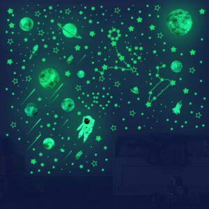 zhw 849pcs glow in the dark stars and planets wall stickers for ceiling, glowing solar system galaxy wall decals shining space decoration for kid girls boys living room nursery bedroom