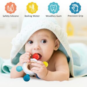 4 Pcs Montessori Toys for Babies Wooden Baby Toy for Babies 18+ Months Wooden Rattle Baby Teething Toys Silicone Rudder with Beech Wooden Ring