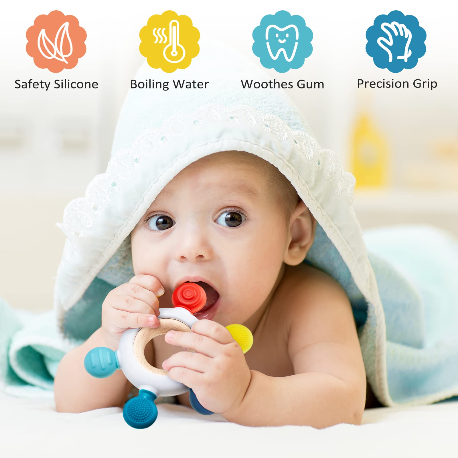 4 Pcs Montessori Toys for Babies Wooden Baby Toy for Babies 18+ Months Wooden Rattle Baby Teething Toys Silicone Rudder with Beech Wooden Ring