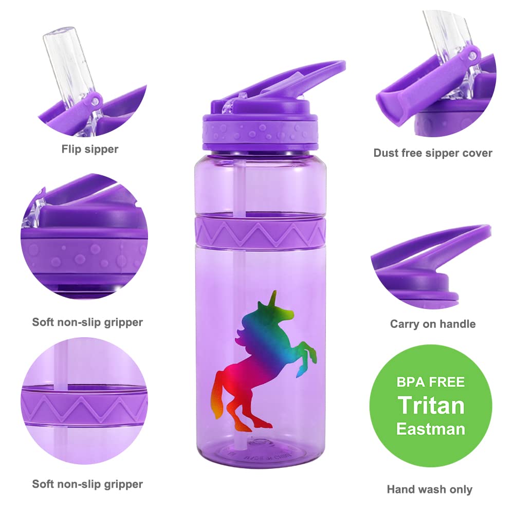 Home Tune 23oz Water Bottle with Straw, BPA Free Tritan, Leak Proof, Dust Proof Flip Straw, Easy Clean, Carry Handle - Unicorn