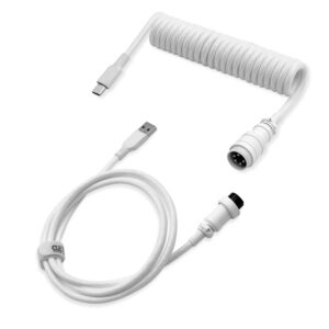 tilted nation coiled usb c cable for mechanical keyboard - flexible but tough - detachable aviator coiled keyboard cable usb c - (5ft to 5.7ft length) usb-a to usb-c keyboard coiled cable - white