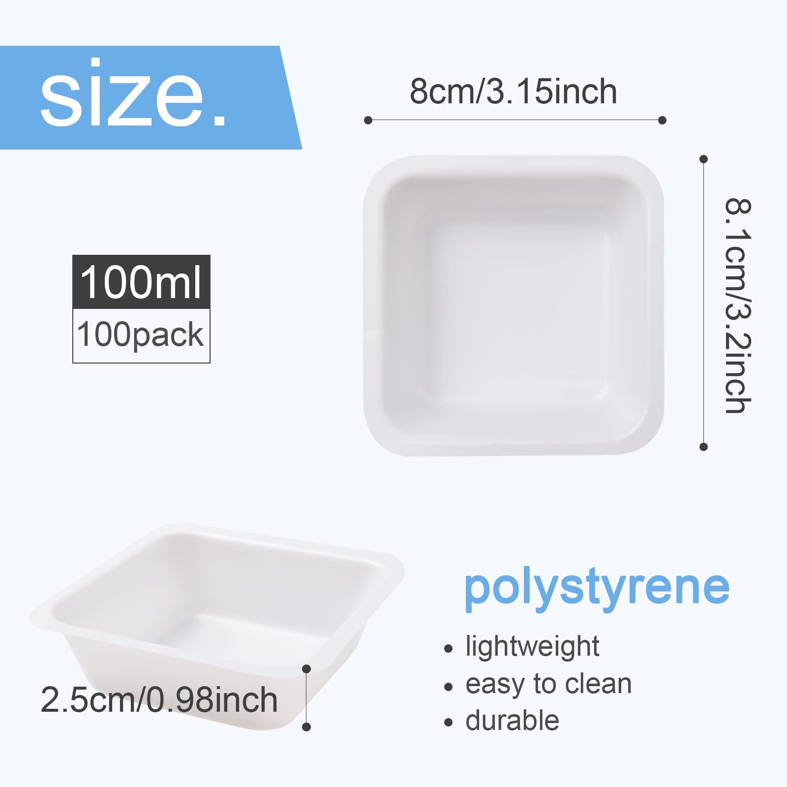 Yzzsjc Square Weigh Boats Medium - 100 Pac 100ml Plastic Disposable Trays for Scale,Easy Pour Design,Square Lab Weighing Dishes for Measuring,Storing, Mixing Powders,Liquids