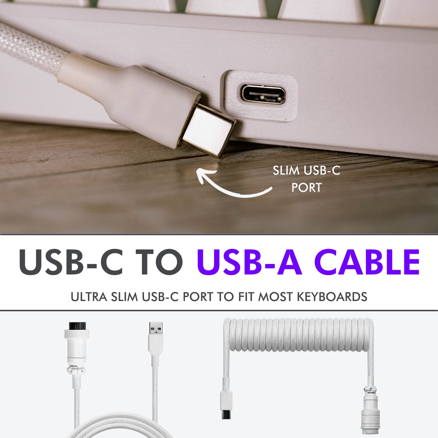 Tilted Nation Coiled USB C Cable for Mechanical Keyboard - Flexible but Tough - Detachable Aviator Coiled Keyboard Cable USB C - (5ft to 5.7ft Length) USB-A to USB-C Keyboard Coiled Cable - White