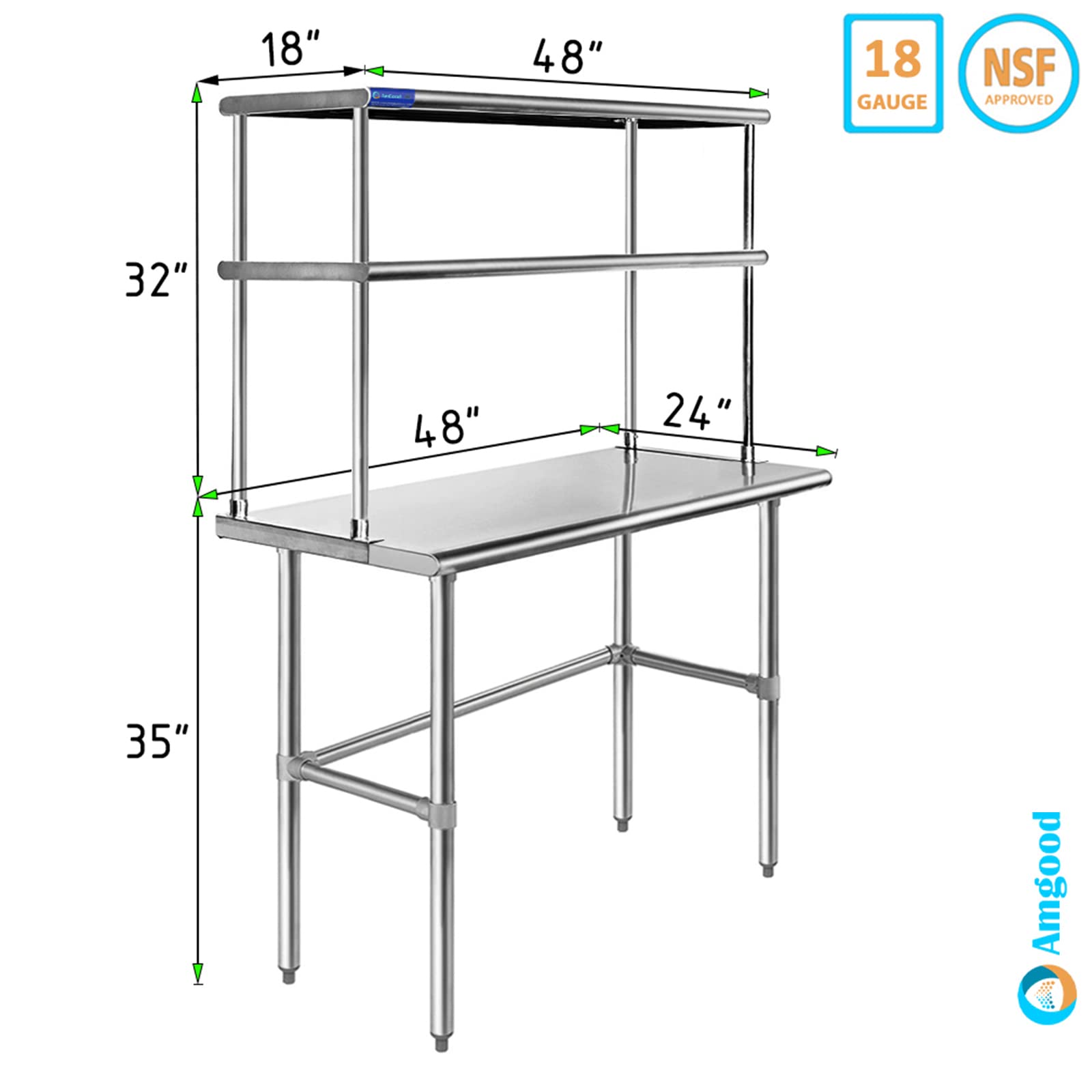 AmGood Stainless Steel Open Base Table with 18" Wide Double Tier Overshelf | Metal Kitchen Prep Table & Shelving Combo (24" x 48" Open Base Table + 18" Overshelf)