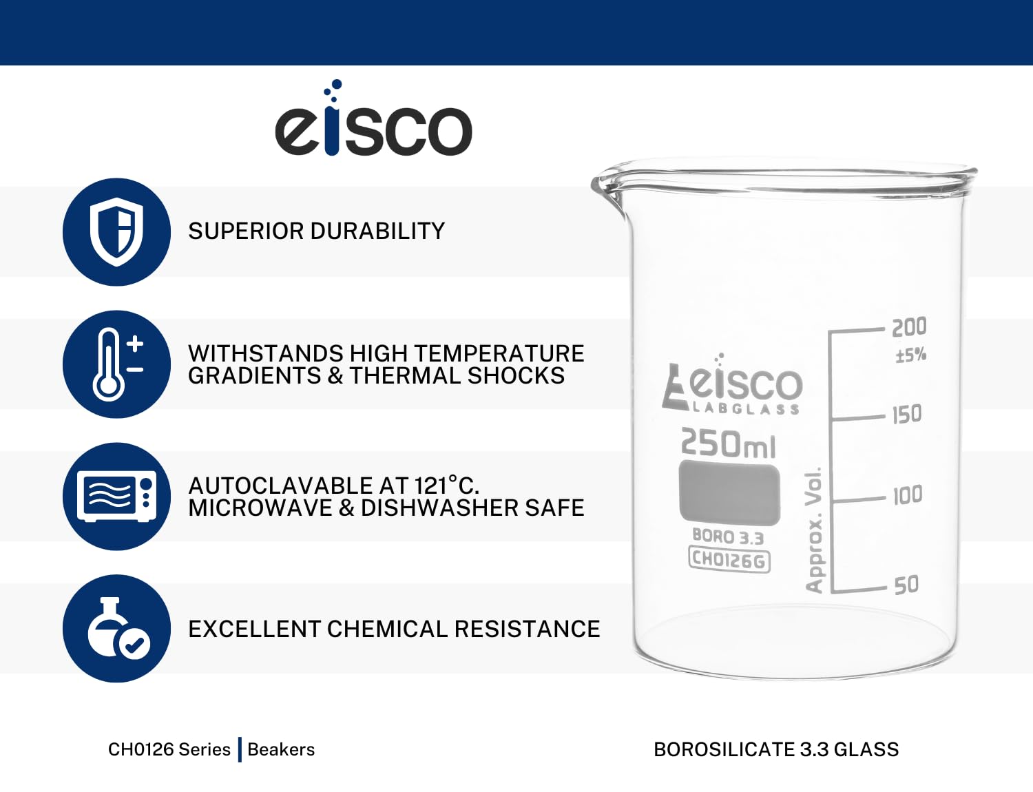 EISCO Beaker, 4000mL - Low Form with Spout - White, 500mL Graduations - Borosilicate 3.3 Glass