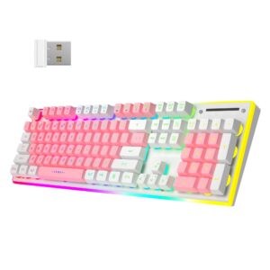 magegee wireless gaming keyboard, rechargeable rgb led backlit quiet keyboard with sidelight & metal panel, v510 2.4g wireless ergonomic waterproof office keyboard, white and pink