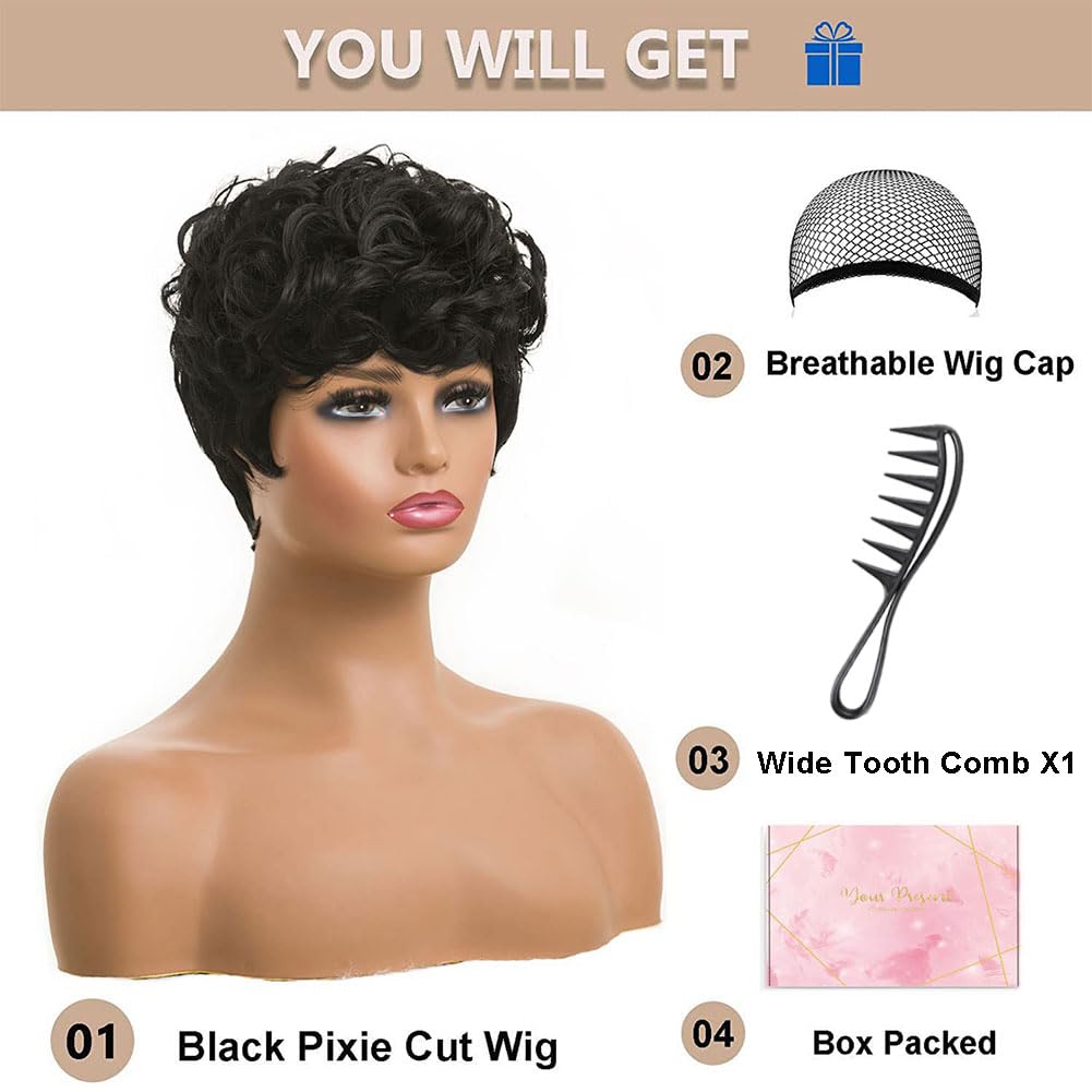 MOONSHOW Short Pixie Wigs for Black Women Short Black Curly Pixie Wigs Synthetic Hair Wigs for Black Women Natural Wavy Black Pixie Cut Wig Short Curly Layered Pixie Wig for Women(Natural Black)