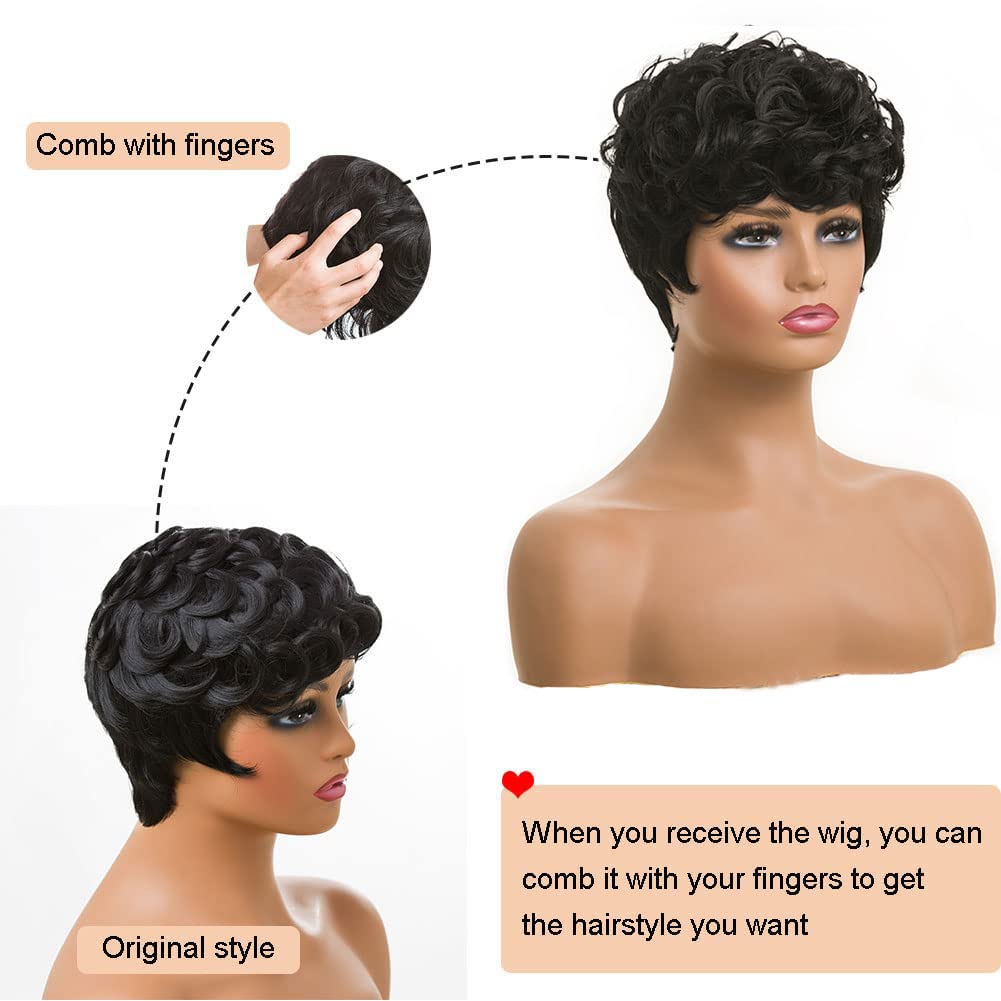 MOONSHOW Short Pixie Wigs for Black Women Short Black Curly Pixie Wigs Synthetic Hair Wigs for Black Women Natural Wavy Black Pixie Cut Wig Short Curly Layered Pixie Wig for Women(Natural Black)