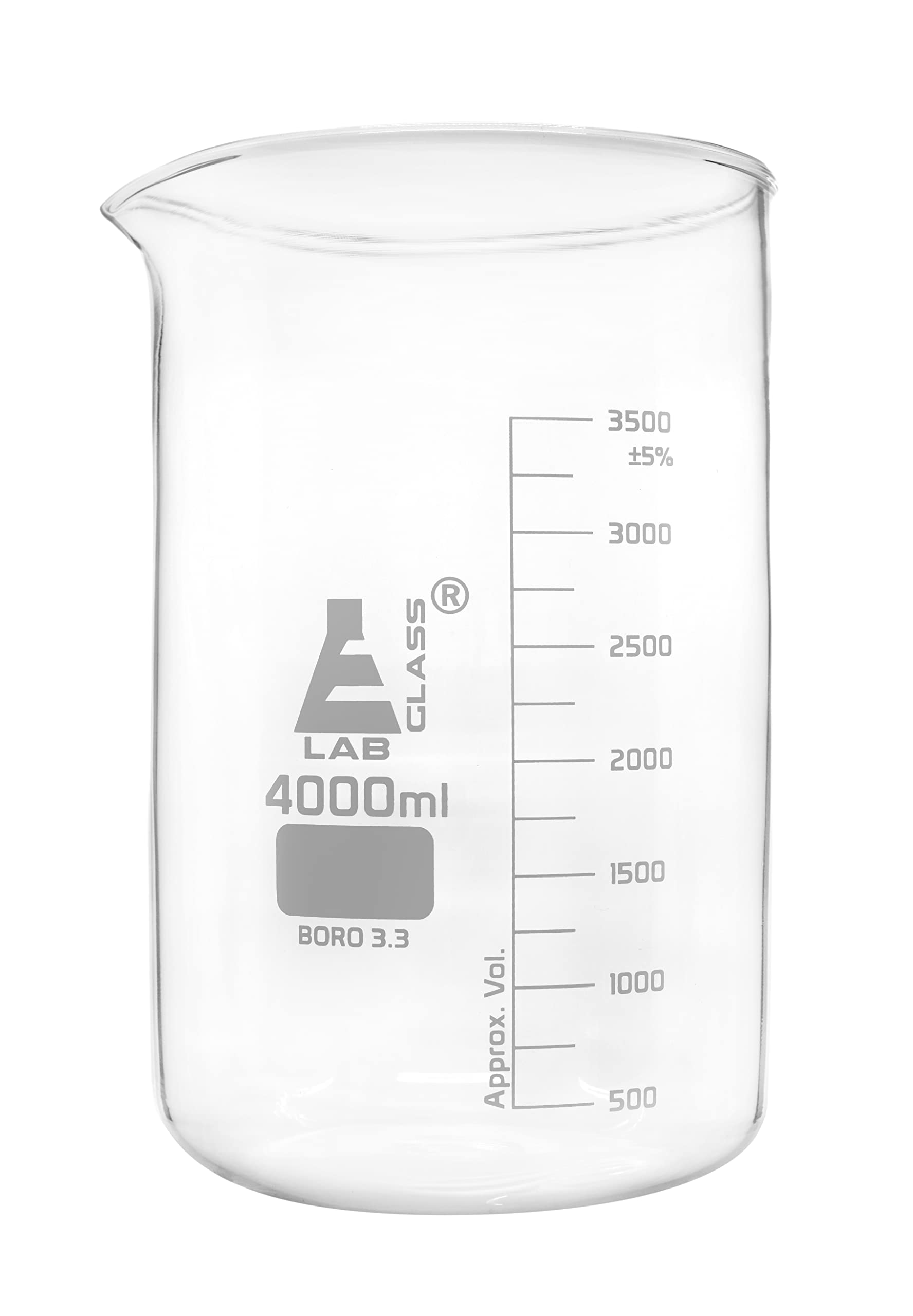 EISCO Beaker, 4000mL - Low Form with Spout - White, 500mL Graduations - Borosilicate 3.3 Glass