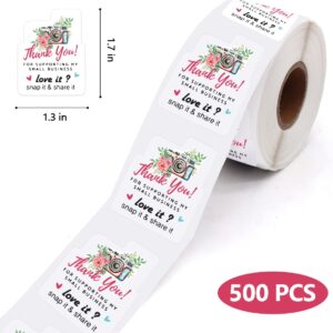 WHING Thank You for Supporting My Small Business Cute Retro Camera Design Flower Stickers Labels, Order Packages Envelope Seals Decorative Label Ideal for Business Gift Bags and Retailers, 500pcs