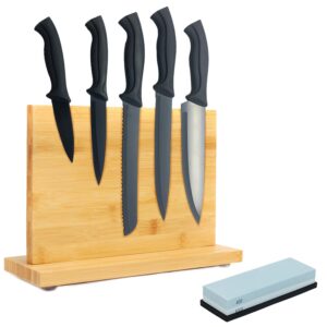 thelmlawr5 magnetic knife block (11.8" x 7.9") - bamboo kitchen knife holder with ultra-strong magnets - magnetic knife holder incl. sharpening stone