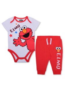 sesame street boys’ elmo bodysuit and jogger set for newborn and infant – red/white