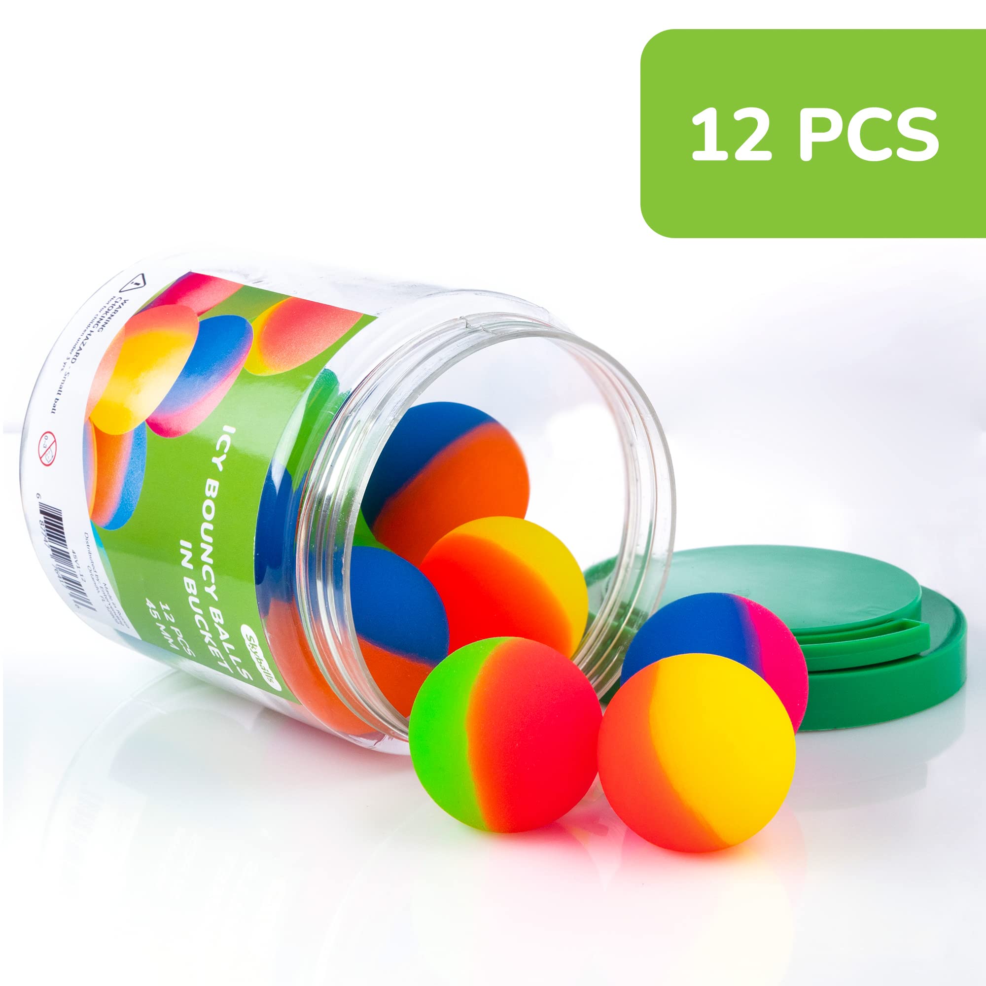 Entervending Bouncy Balls - Party Favors - 45mm Bouncing Balls - Glitter Bounce Balls in Bucket - 12 Pcs Large Bouncy Balls - Hi Bounce Balls - Rubber Balls - Gifts for Kids