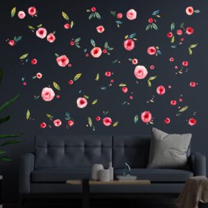 Lemoncuter Peony Flower Wall Decals, Pink Floral Wall Decals Flower Wall Stickers Peel and Stick, Large Rose Flower Wall Decal for Walls Girls Bedroom Kids Living Room Nursery Classroom Decoration