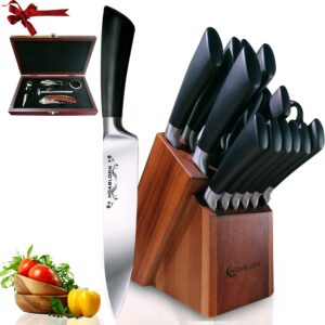 kitchen knife set with block,hoablorn acacia wood block knife set 15 pcs with extra wine set,professional knives set for chefs family,best kitchen gifts for housewarming