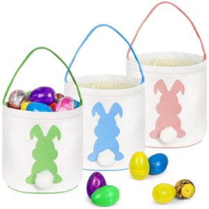 Ebingoo 3pcs Easter Baskets for Kids Empty with Handle,Bunny Personalized Easter Baskets for Boys Girls Easter Egg Hunt,Easter Canvas Tote Bag with Fluffy Tail