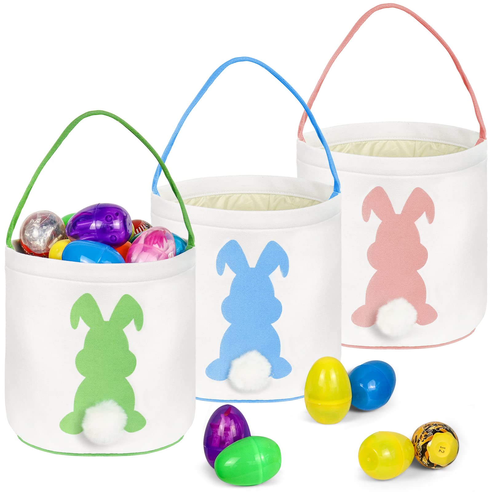 Ebingoo 3pcs Easter Baskets for Kids Empty with Handle,Bunny Personalized Easter Baskets for Boys Girls Easter Egg Hunt,Easter Canvas Tote Bag with Fluffy Tail