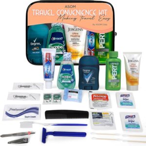 asom toiletry travel kit - 20 piece tsa approved personal care & hygiene essentials set for men & women, pre-filled convenience for travel, airplane carry-on ready.