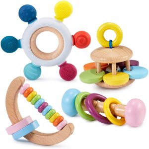 4 pcs montessori toys for babies wooden baby toy for babies 18+ months wooden rattle baby teething toys silicone rudder with beech wooden ring