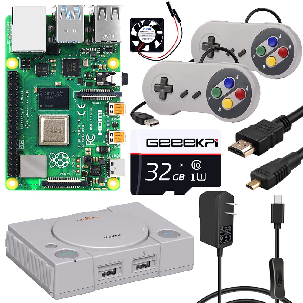 GeeekPi Raspberry Pi 4 4GB Kit, Retroflag PiStation Case with 5V 3A Power Supply, 32GB Card, 2PCS USB Wired Controllers, HDMI Cable, Case with Fan for Raspberry Pi 4B (4GB RAM)