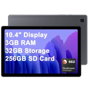 samsung galaxy tab a7 tablet computer 10.4" wuxga+ display 8-core qualcomm snapdragon 662 3gb ram 32gb storage + 256gb sd card bluetooth v5.0 dolby atmos camera android os grey