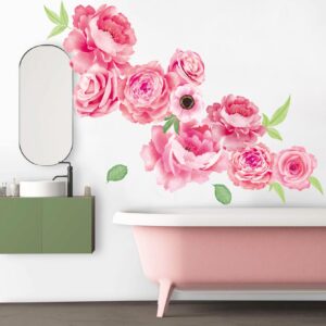 lemoncuter Peony Flower Wall Decals, Pink Floral Wall Decals Flower Wall Stickers Peel and Stick, Large Rose Flower Wall Decal for Walls Girls Bedroom Kids Living Room Nursery Classroom Decoration