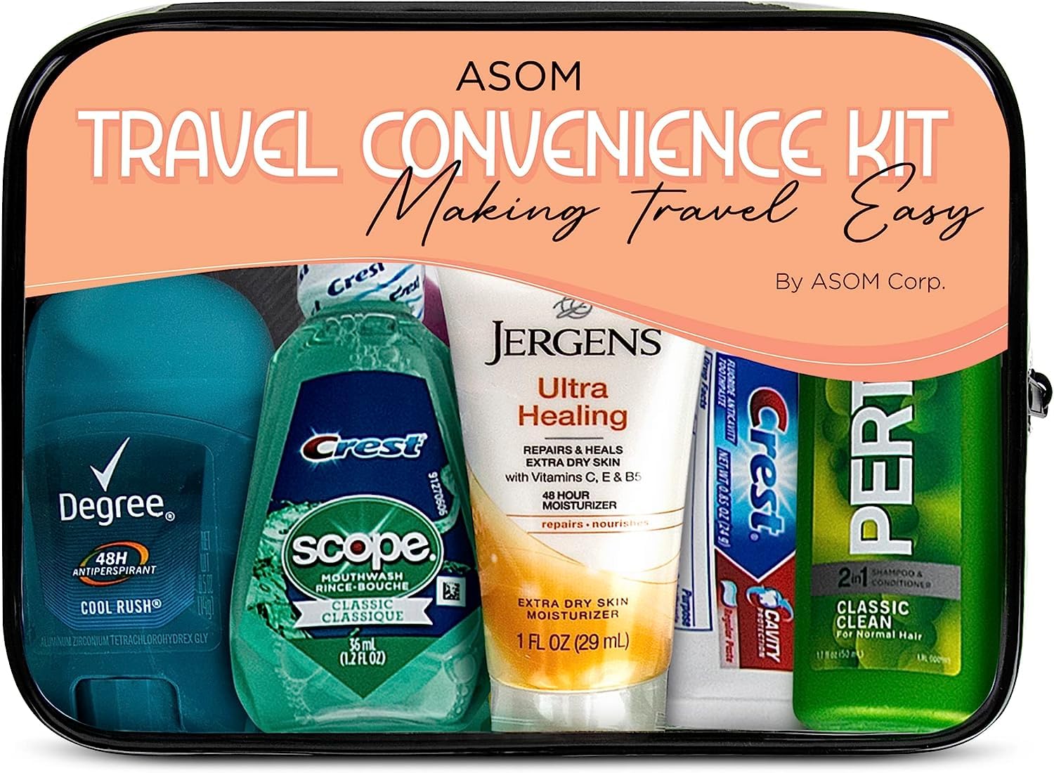 Asom Toiletry Travel Kit - 20 Piece TSA Approved Personal Care & Hygiene Essentials Set for Men & Women, Pre-Filled Convenience for Travel, Airplane Carry-On Ready.