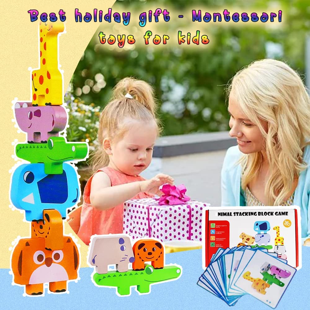 TKBABEUE Wooden Blocks Stacking Toys Age 18+ Months Old, 10 Montessori Animals Stacker Building Puzzle with 10 Pcs Level Cards 1 Bag STEM Preschool Learning Educational Games Activities Gifts Toddler