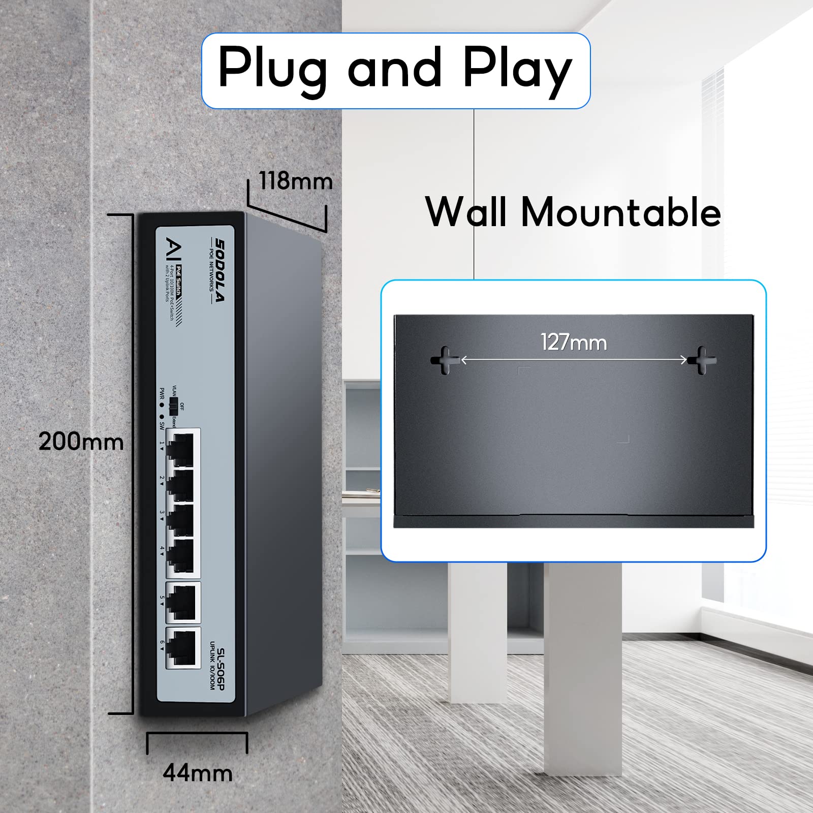 SODOLA 4 Port PoE+ Switch | 4 PoE+ Ports &2 Fast Ethernet uplink,65W 802.3af/at, Extend Function, Fanless Metal,Plug & Play Unmanaged Network Switch